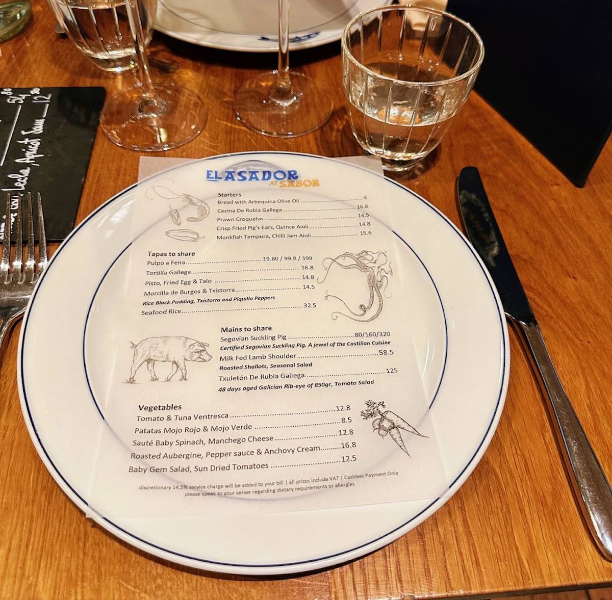 Menu at Sabor restaurant, London, 35-37 Heddon St