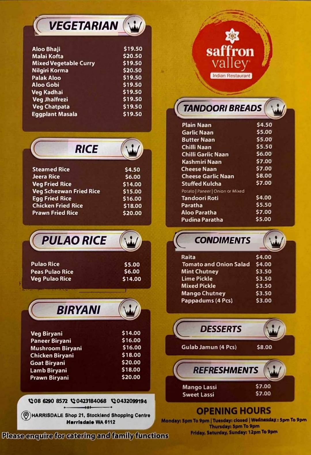 Menu at Saffron Valley restaurant, Harrisdale