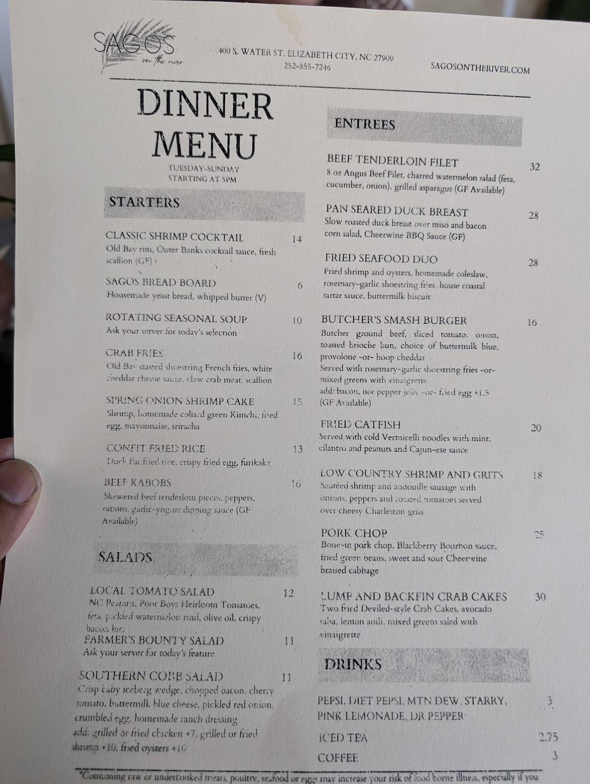 Menu at Sagos on the river restaurant, Elizabeth City