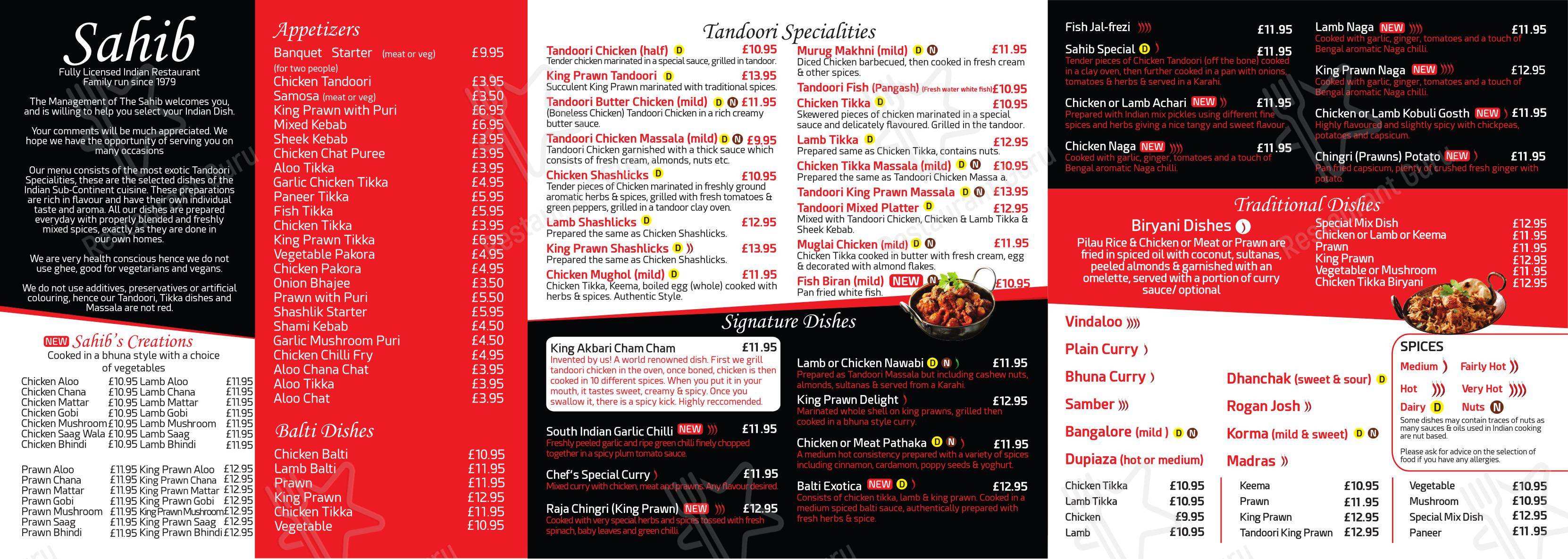 Menu at Sahib Indian Restaurant Lymm, Lymm