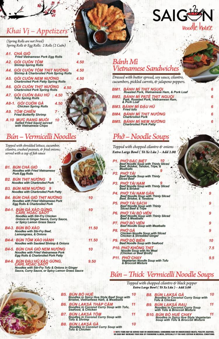 Menu at Saigon Noodle House restaurant, Birmingham, US-280 #108