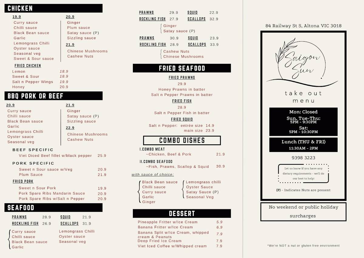 Menu at Saigon Sun restaurant, Altona