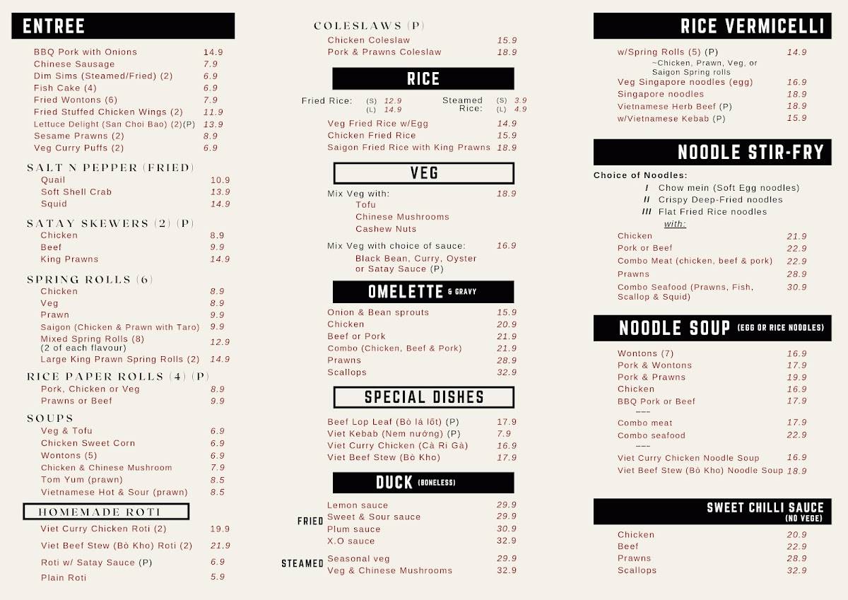 Menu at Saigon Sun restaurant, Altona