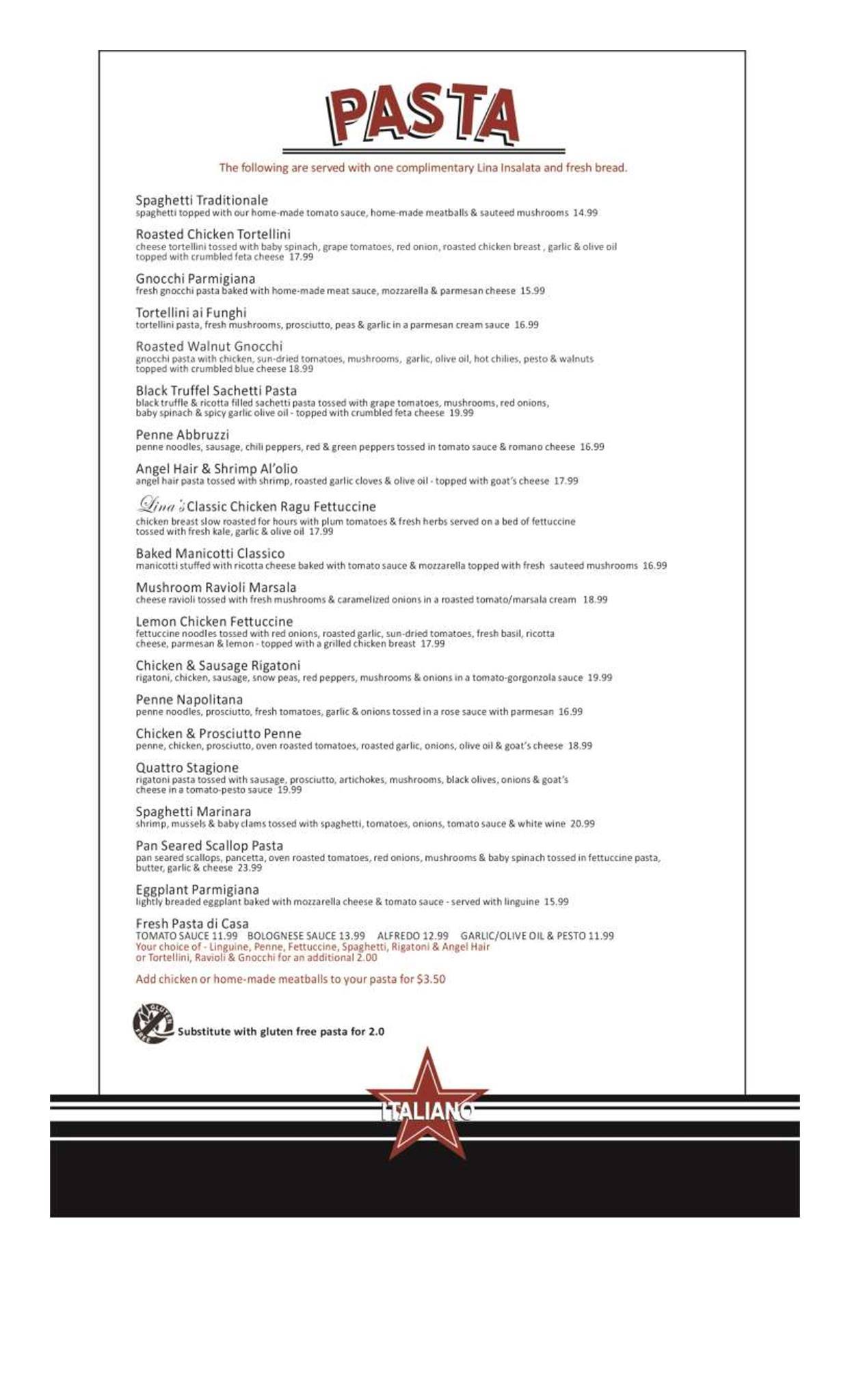 Menu at Lina Linguini's Pasta & Grille restaurant, St. Catharines