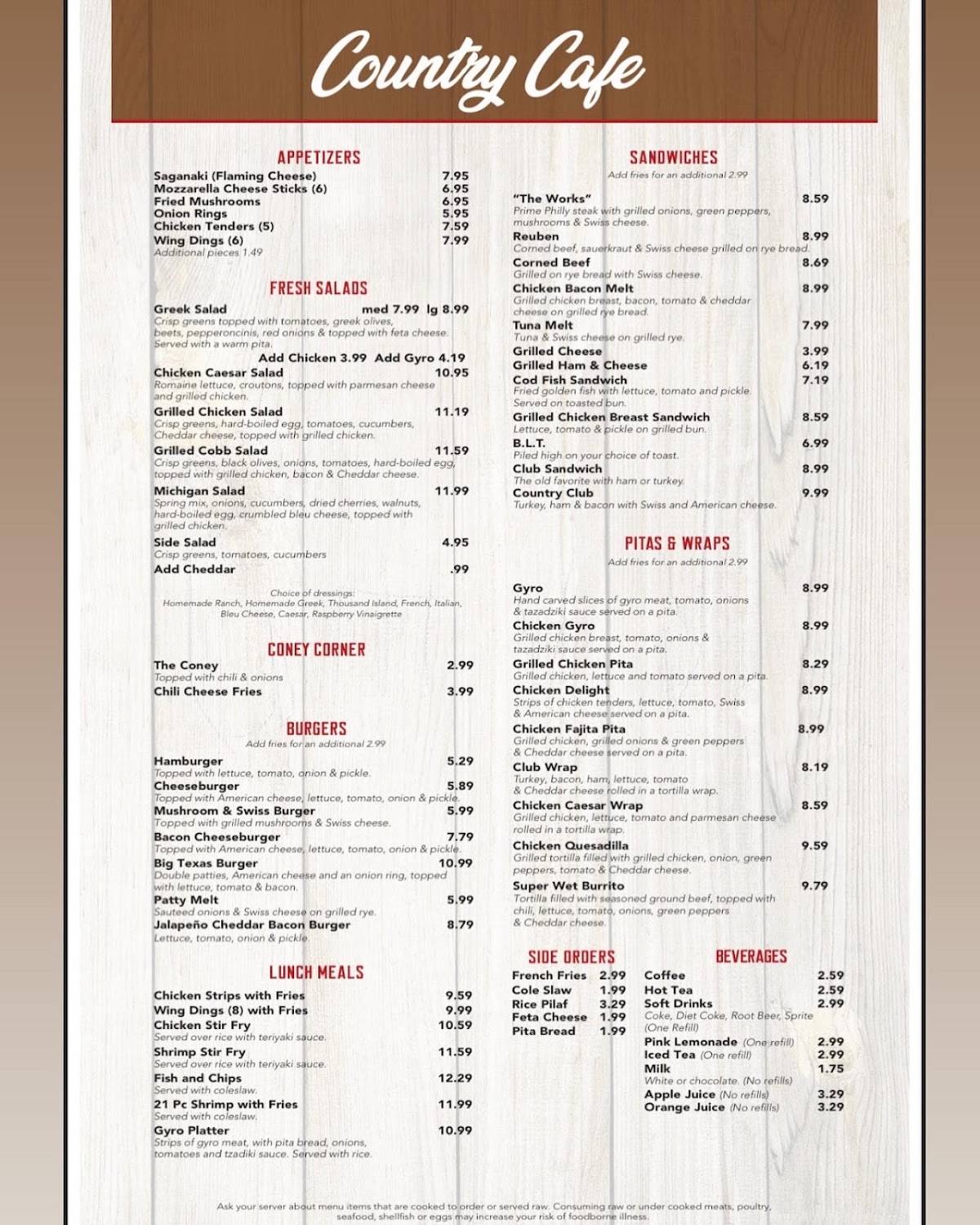 Menu at The Country Cafe, Saint Clair