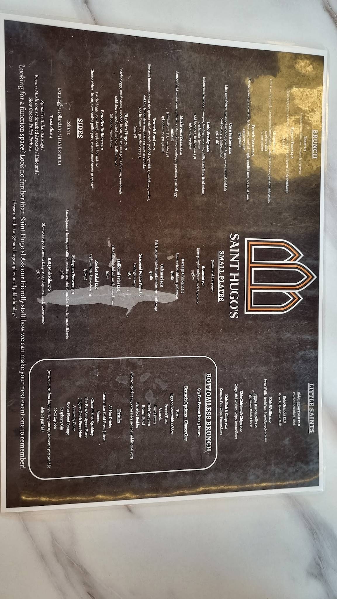 Menu at Saint Hugo’s cafe, Montrose