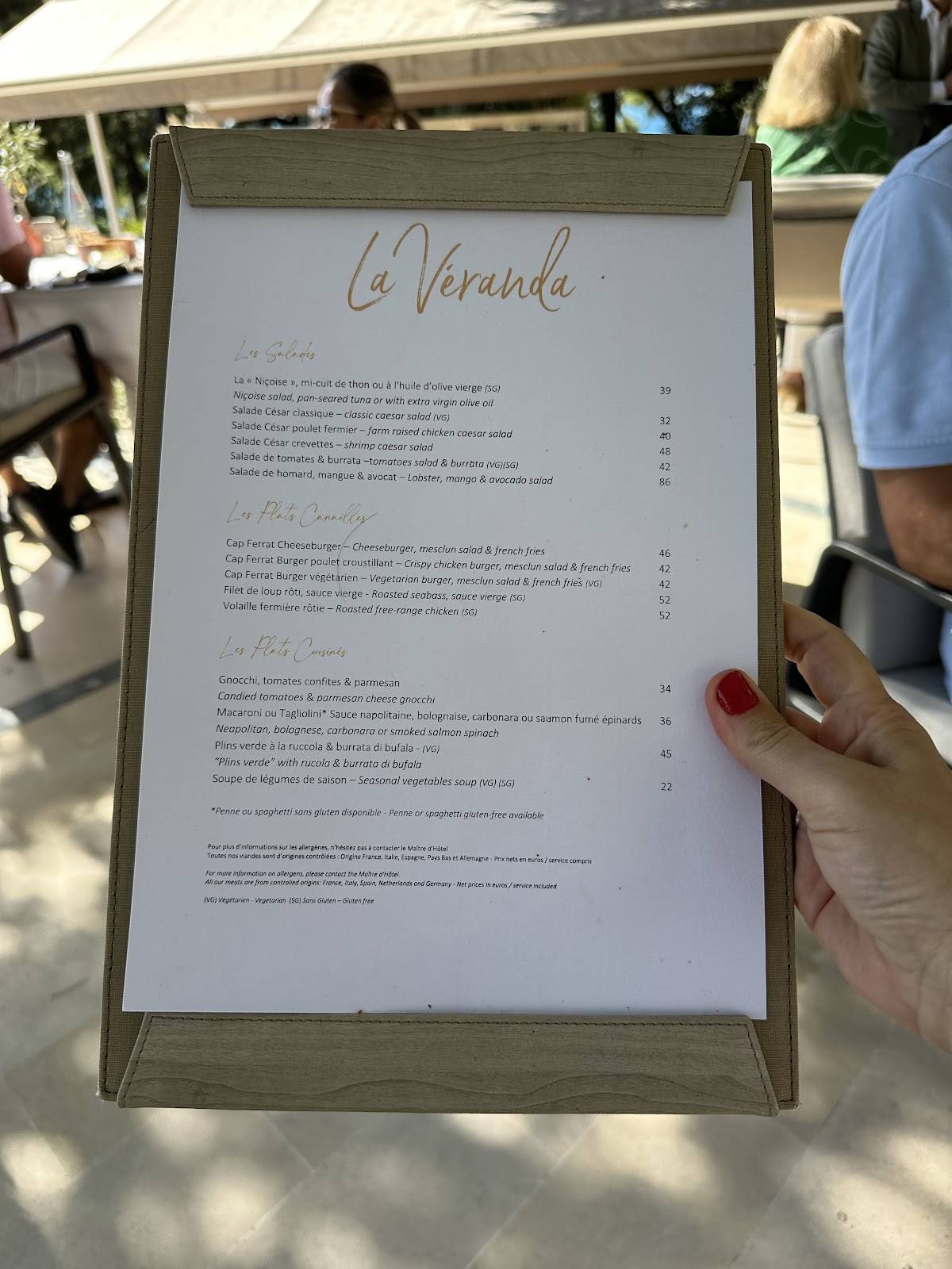 Menu at La Véranda restaurant, Saint-Jean-Cap-Ferrat