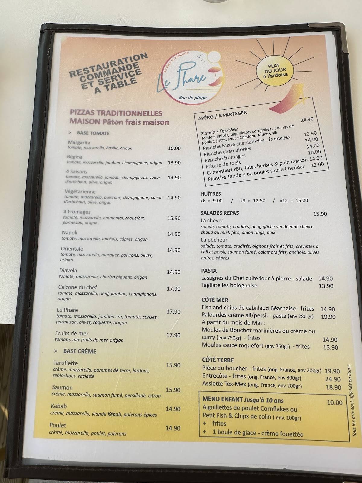 Carta del restaurante Le Phare Saint Jean del Monts, Saint-Jean-de-Monts