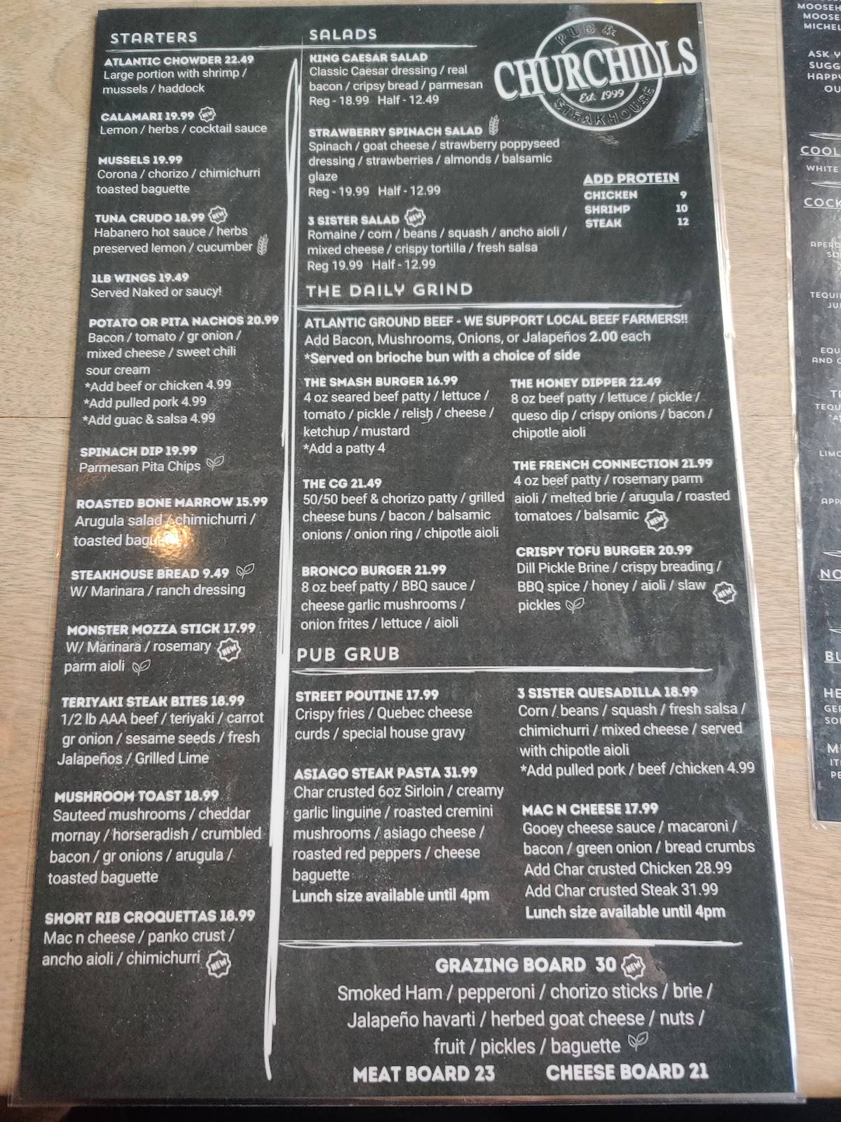 Menu at Churchill's Pub & Steakhouse, Saint John, 10 Grannan St