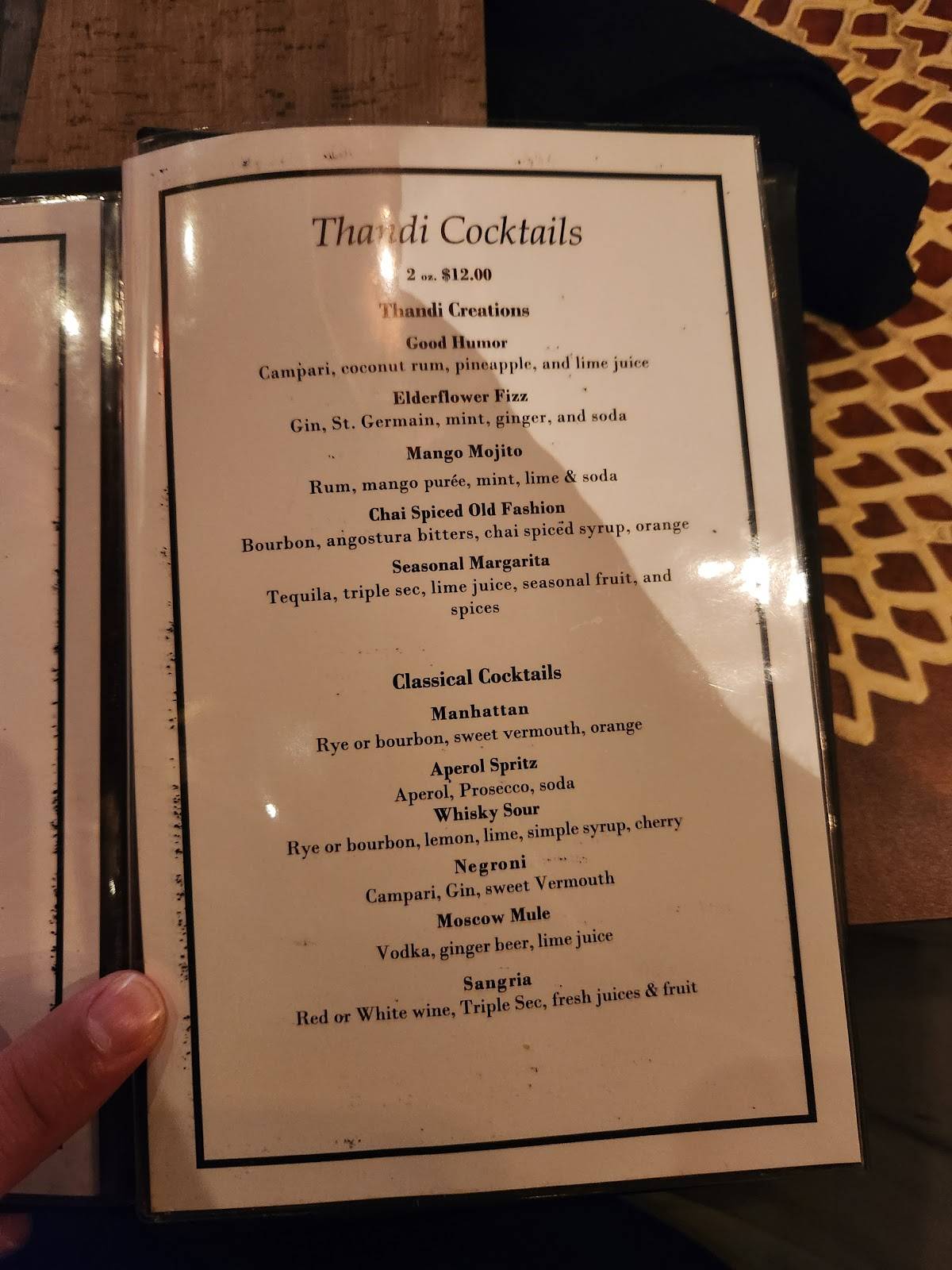 Menu at Thandi restaurant, Saint John