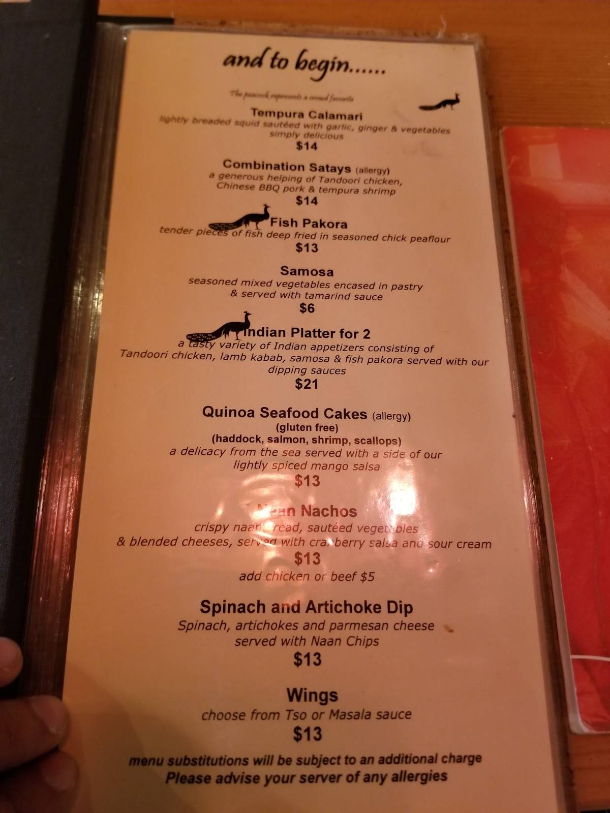 Menu at Thandi restaurant, Saint John