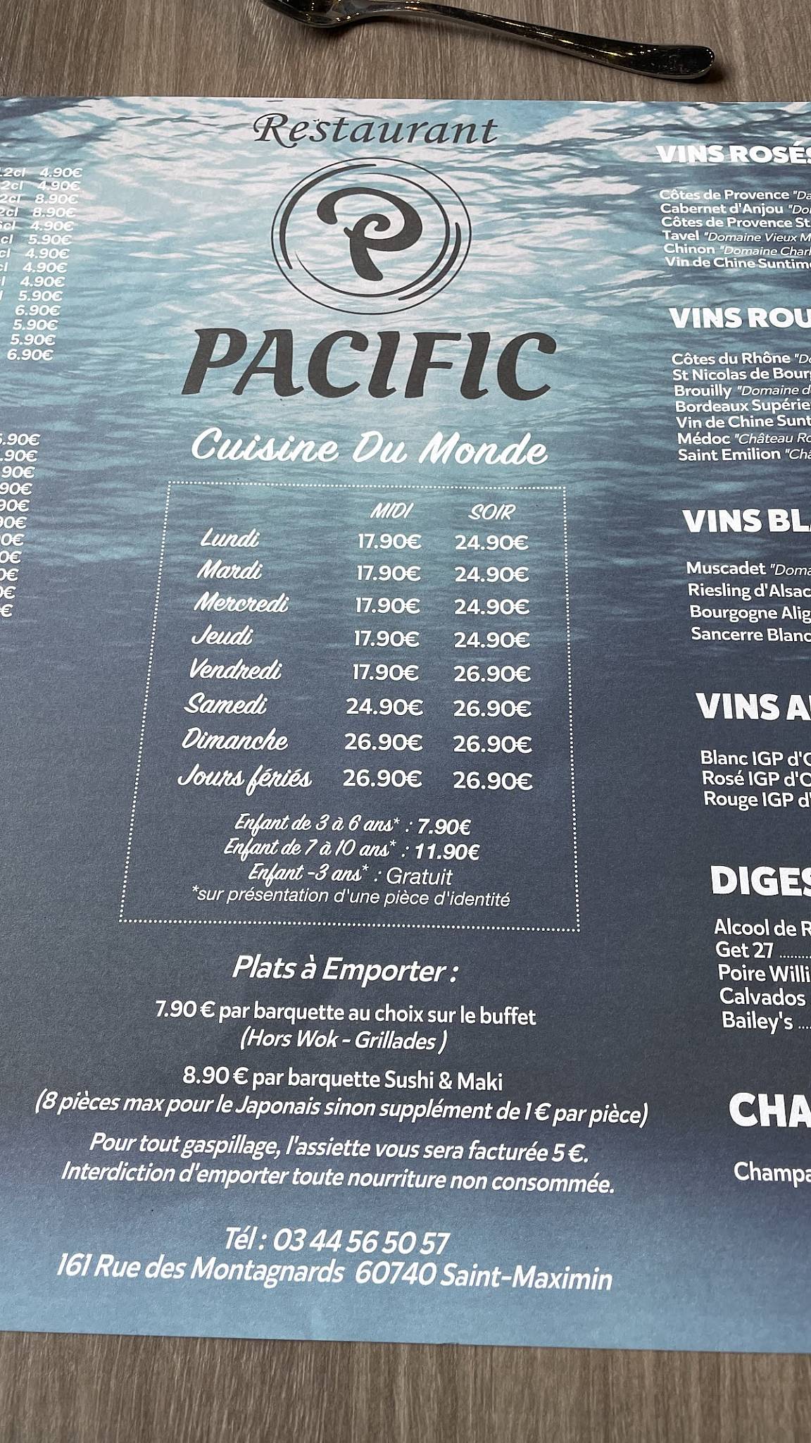 Menu au Restaurant Pacific, Saint-Maximin