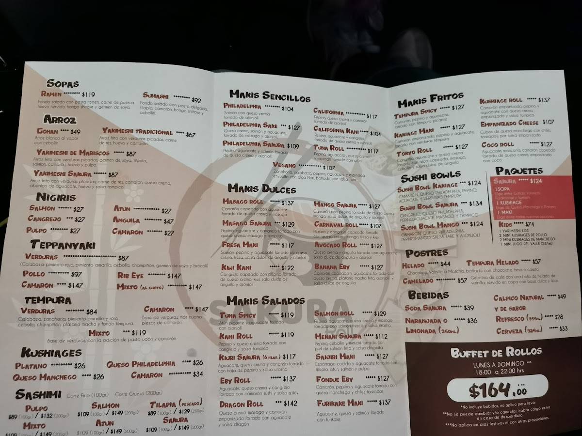 Carta del restaurante Sakura Roll San Javier, Pachuca del Soto
