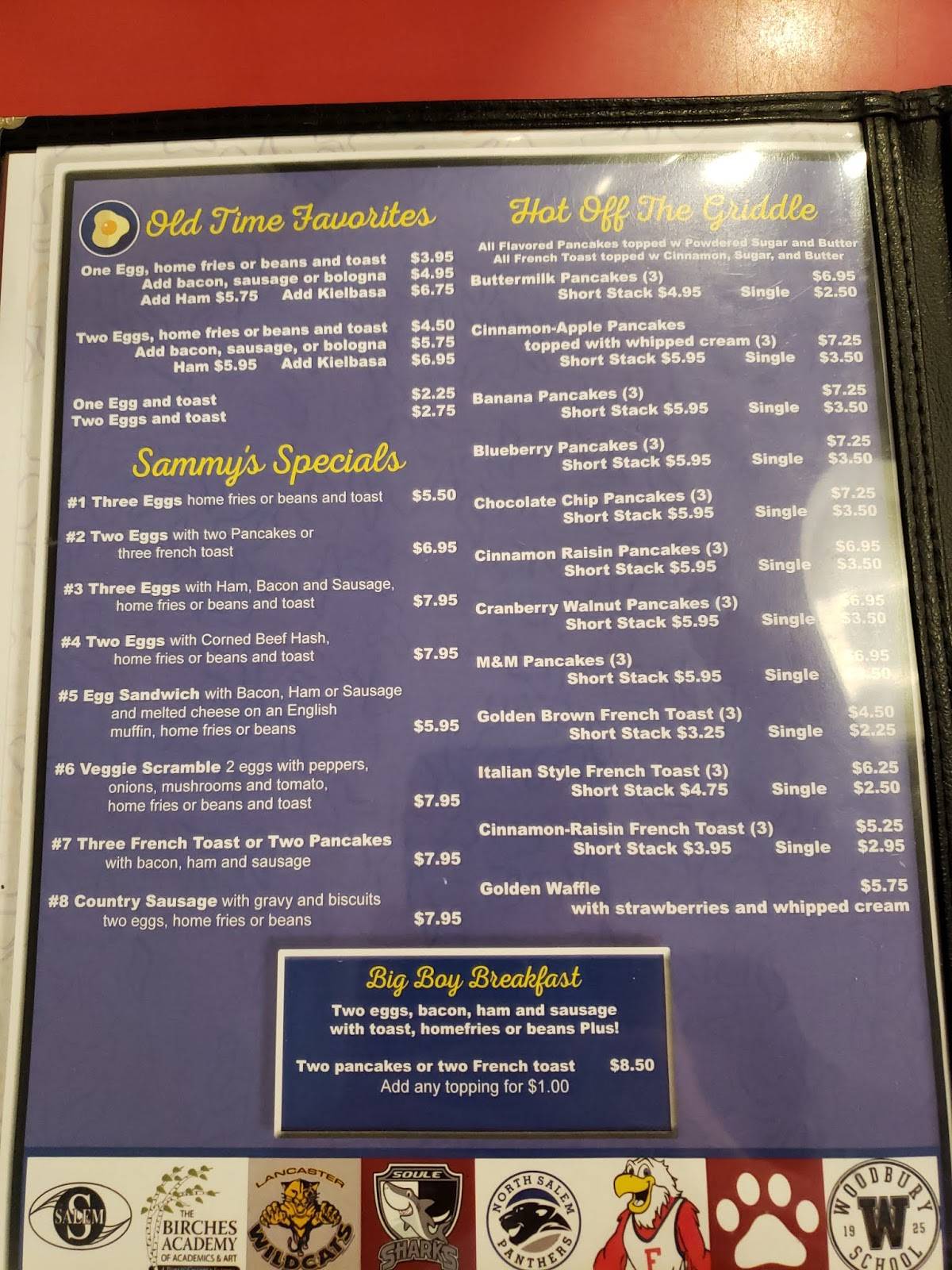 Menu at Sammy J's Breakfast Cafe, Salem