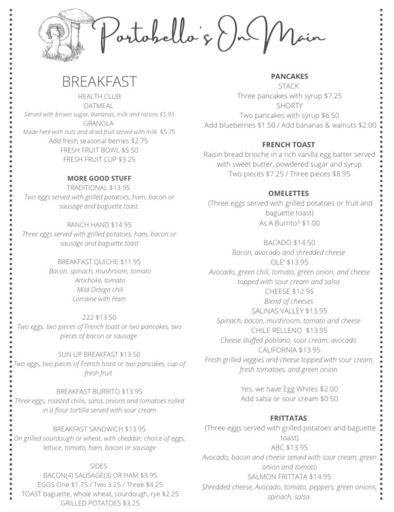 Menu at Portobello's on Main restaurant, Salinas, 150 Main St #116