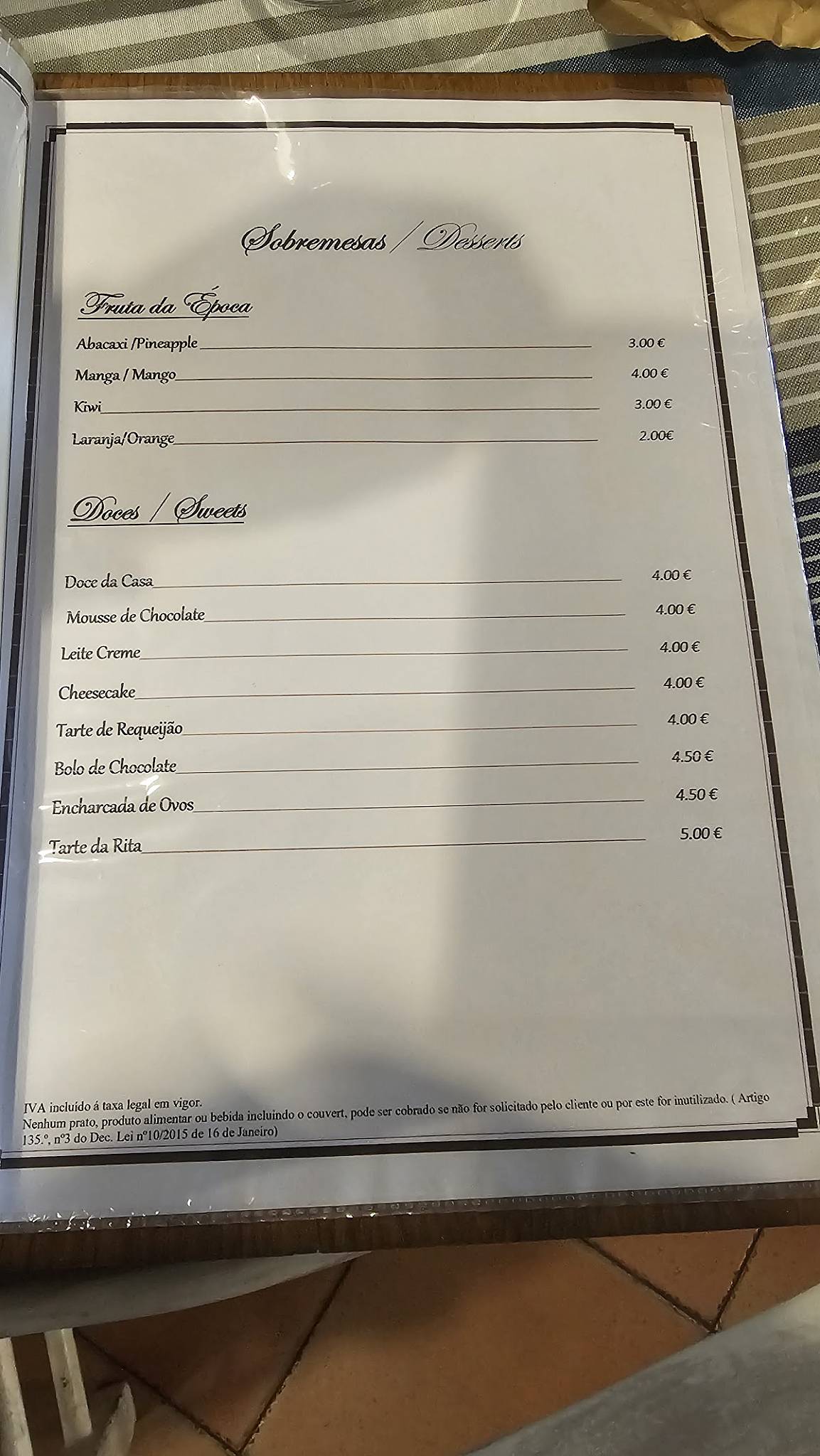 Menu at Salinas restaurant, Alcácer do Sal