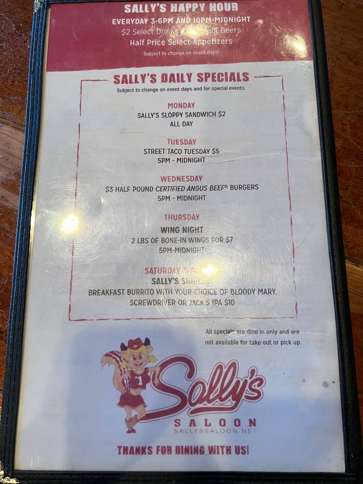 Menu at Sally's Saloon pub & bar, Minneapolis, 700 SE Washington Ave