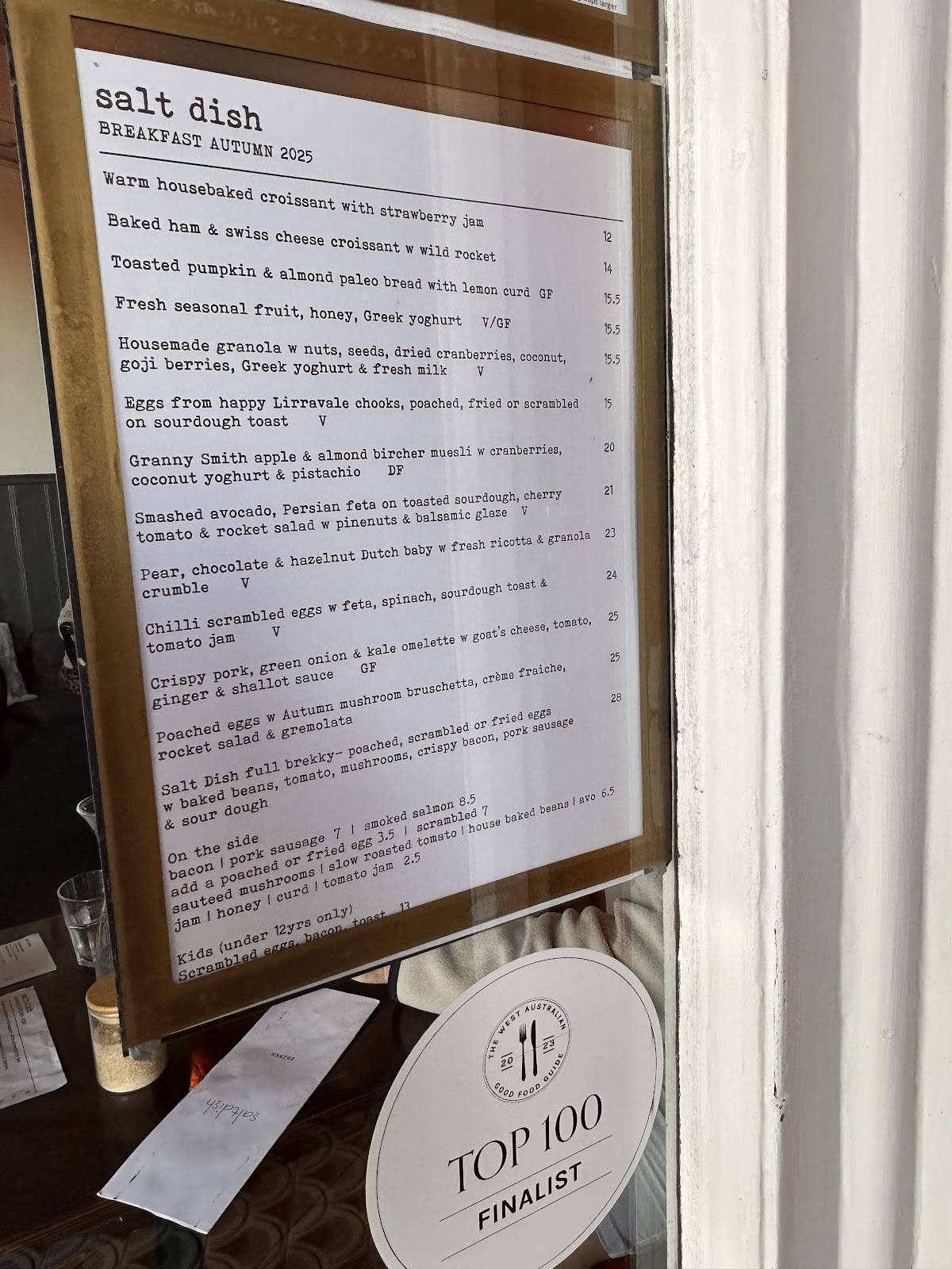 Menu at Salt Dish restaurant, Geraldton