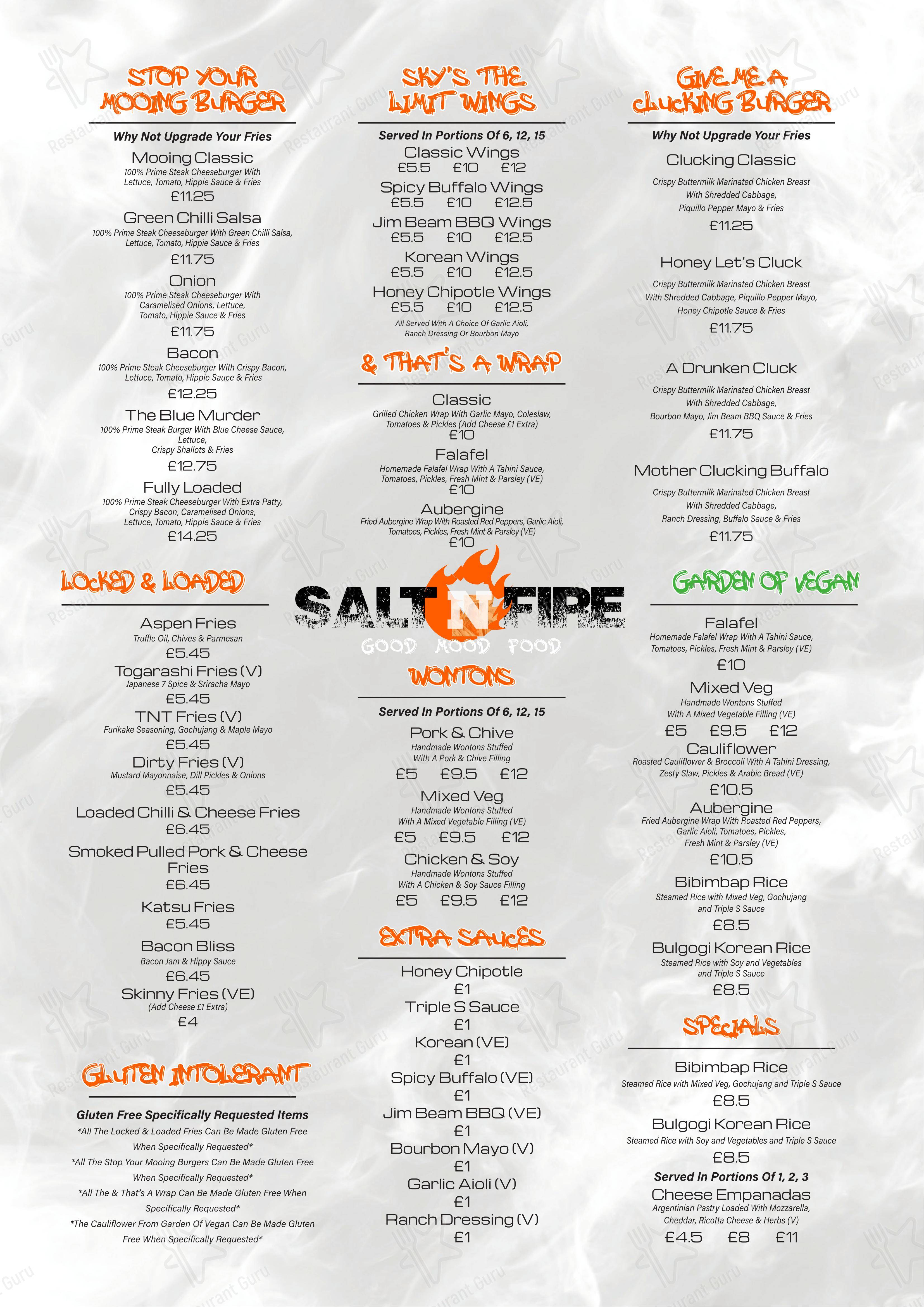 Menu at Salt’N’Fire restaurant, Kelso