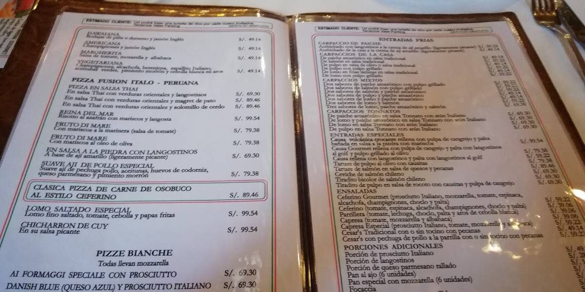 Carta del restaurante Sàlve Luigi, San Isidro