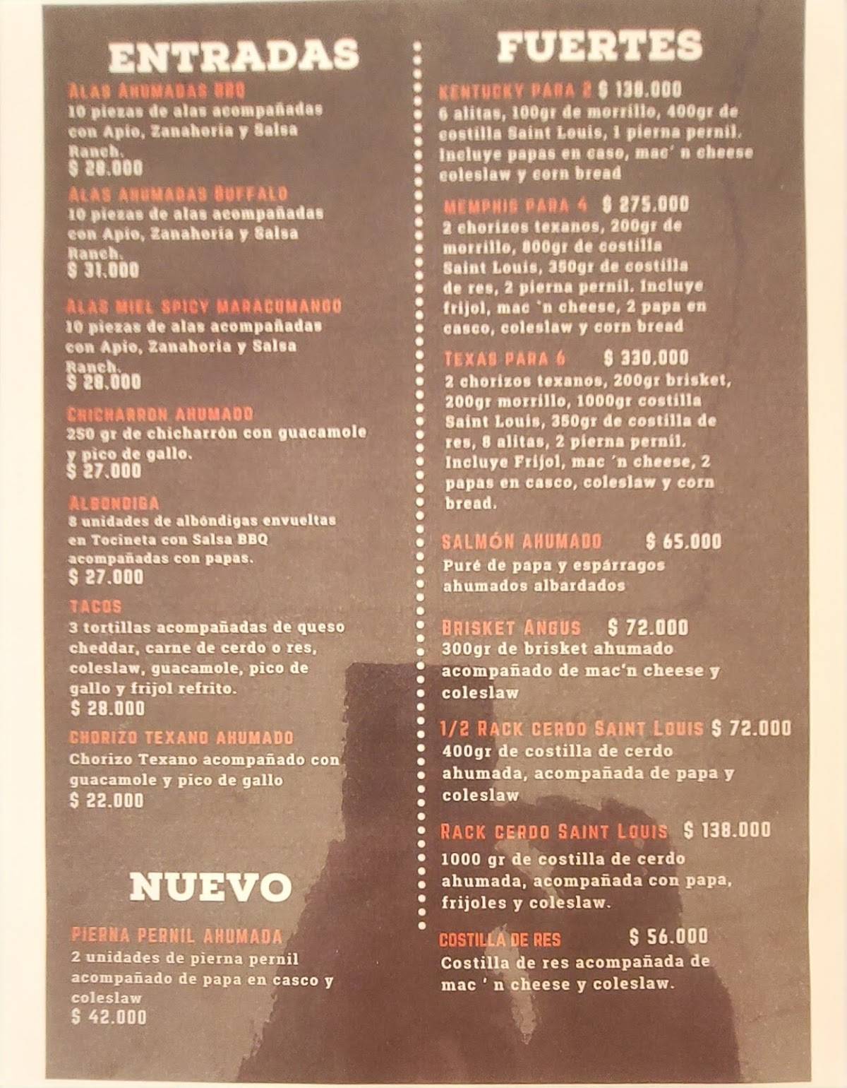 Carta del restaurante Sam & Dave's Smokehouse, Tenjo