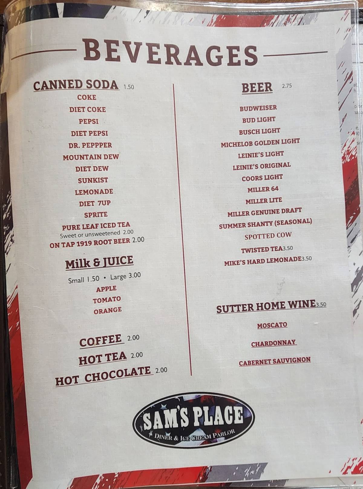 Menu at Sam's Place & Diner restaurant, Cornell