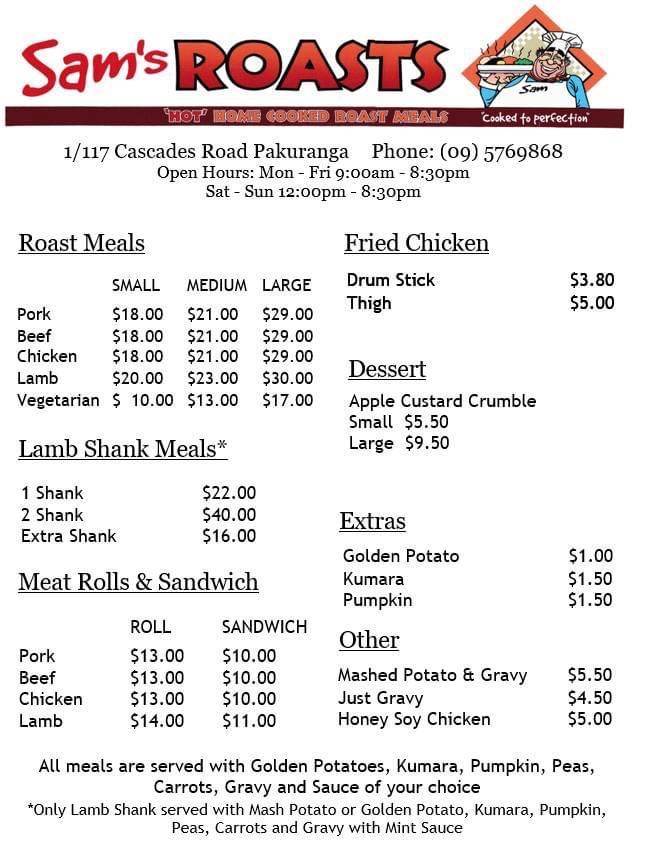 Menu at Sam's Roast Pakuranga restaurant, Auckland, 1/117 Cascades Rd