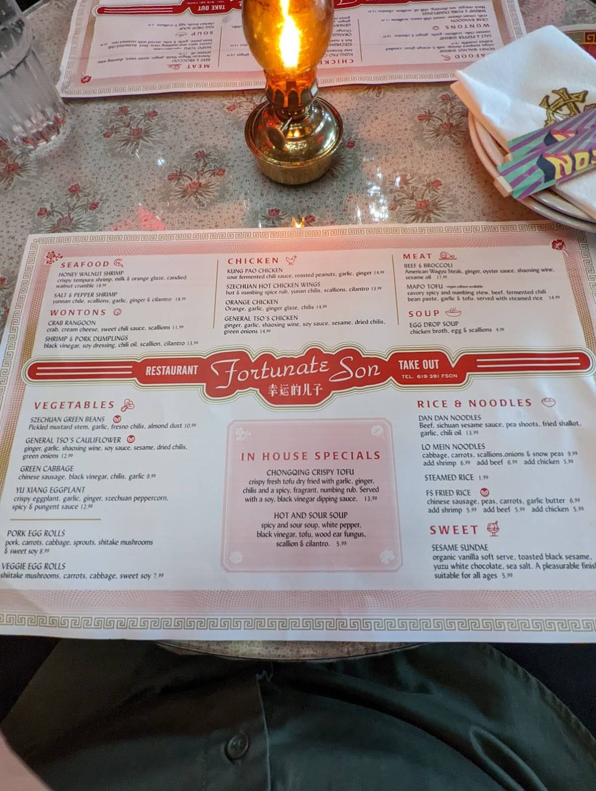 Menu at Fortunate Son Chinese restaurant, San Diego