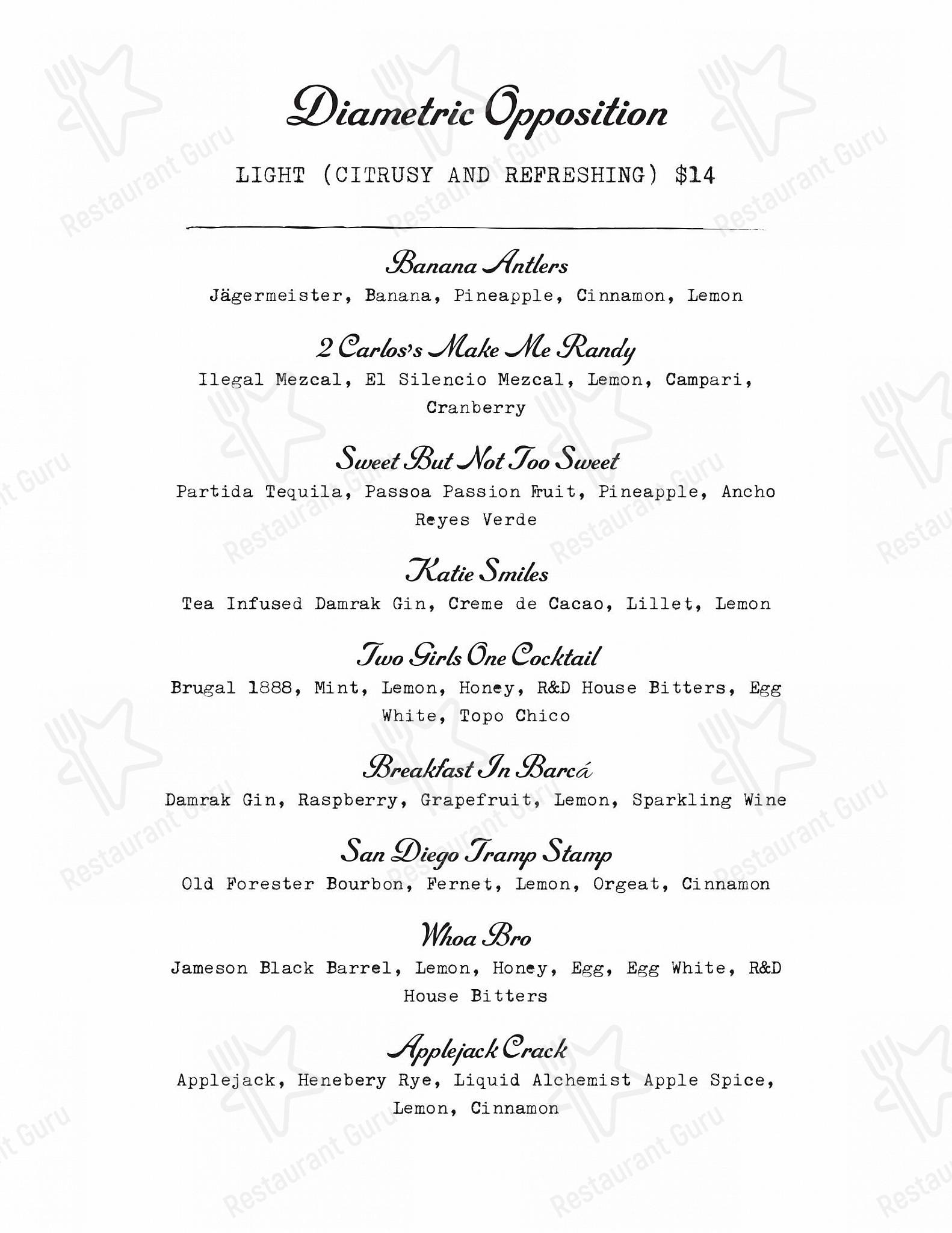 Menu at Prohibition Lounge pub & bar, San Diego
