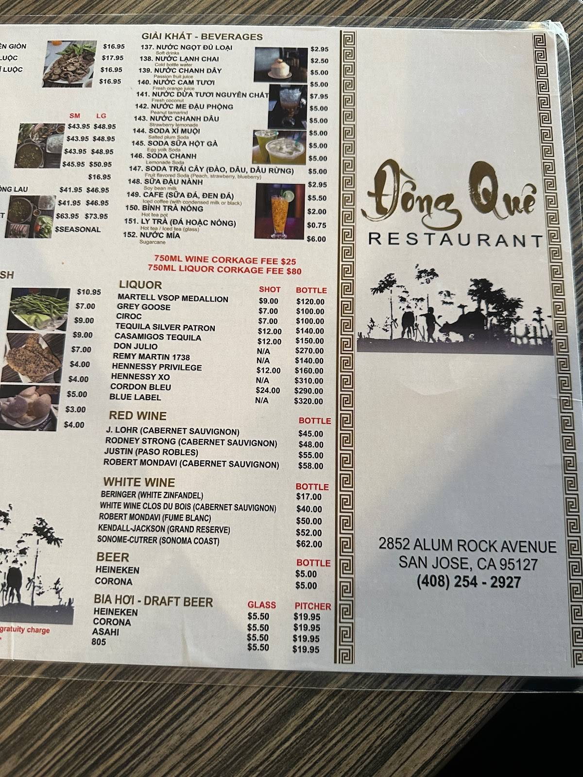 Menu at Dong Que Restaurant, San Jose, 2852 Alum Rock Ave