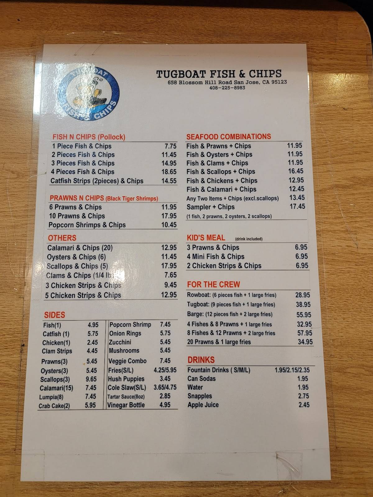 Menu at Tugboat Fish and Chips restaurant, San Jose