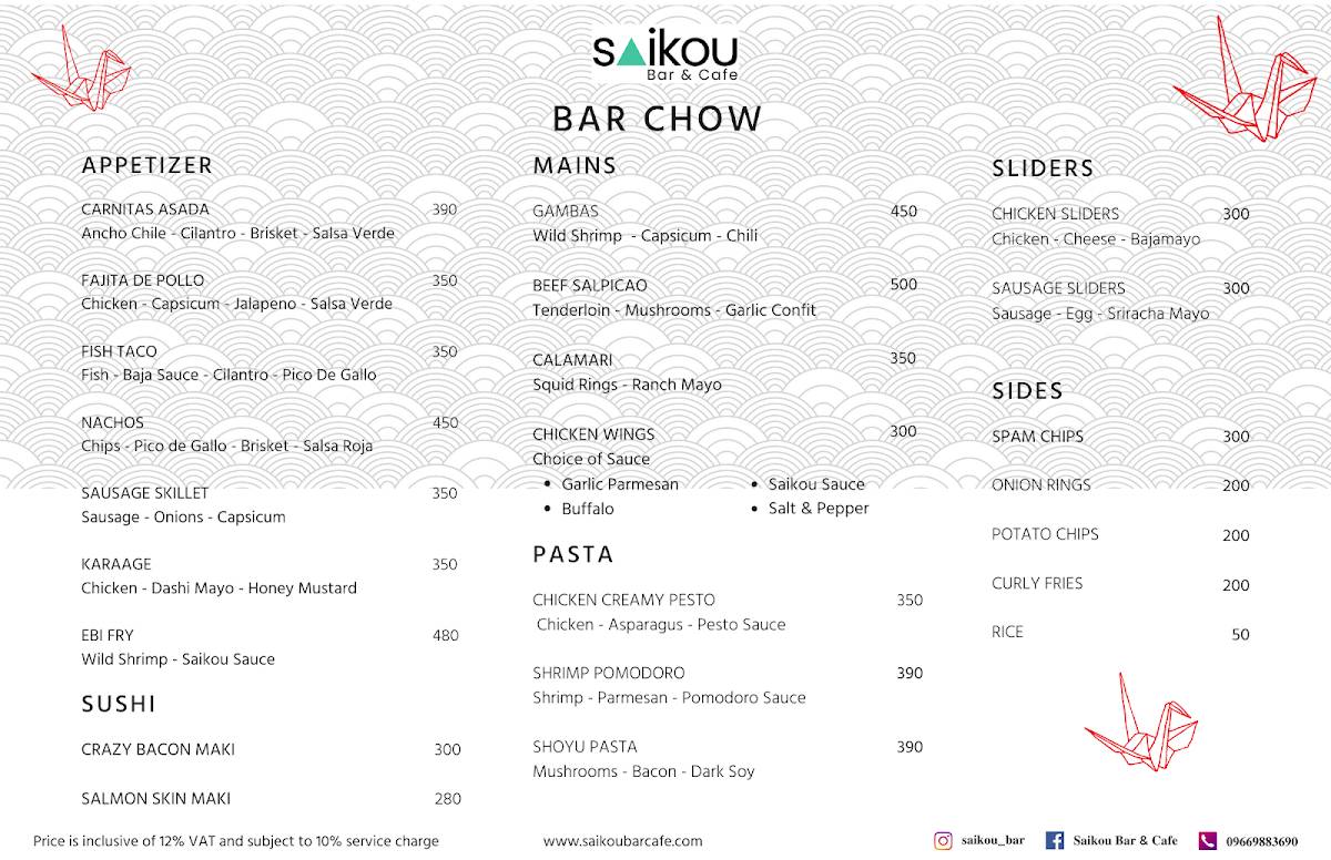 Carta de Saikou Bar & Cafe, San Juan