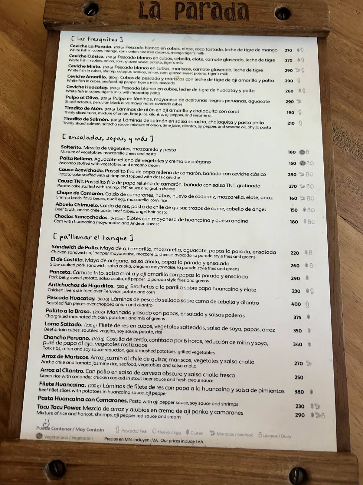 Menu at La Parada restaurant, San Miguel de Allende