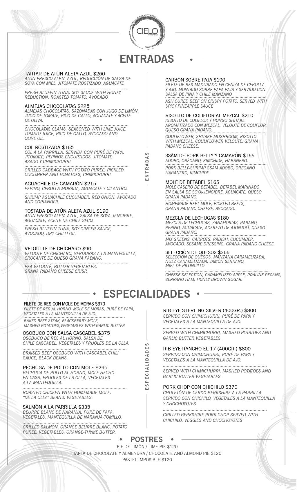 Carta del restaurante Cielo Rooftop SMA, San Miguel del Allende
