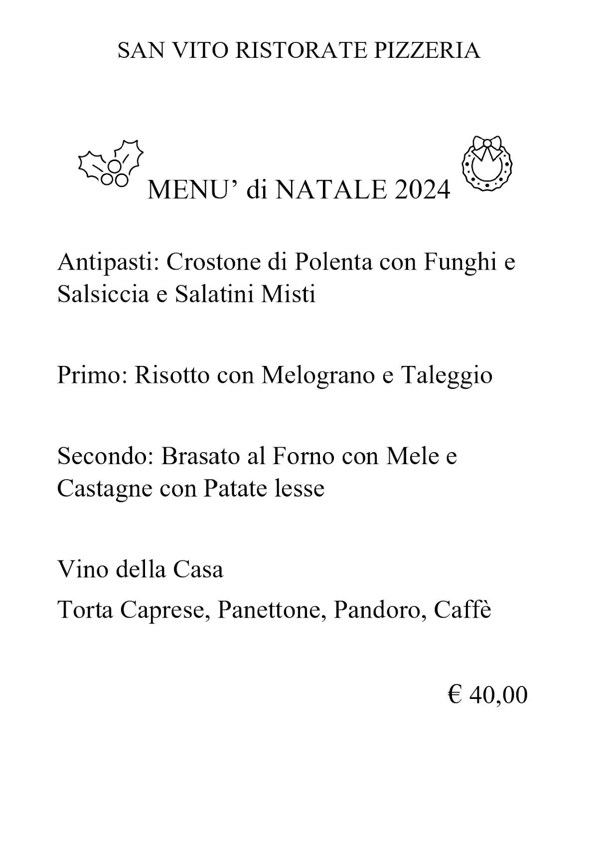 Menu da San Vito ristorante, Milano