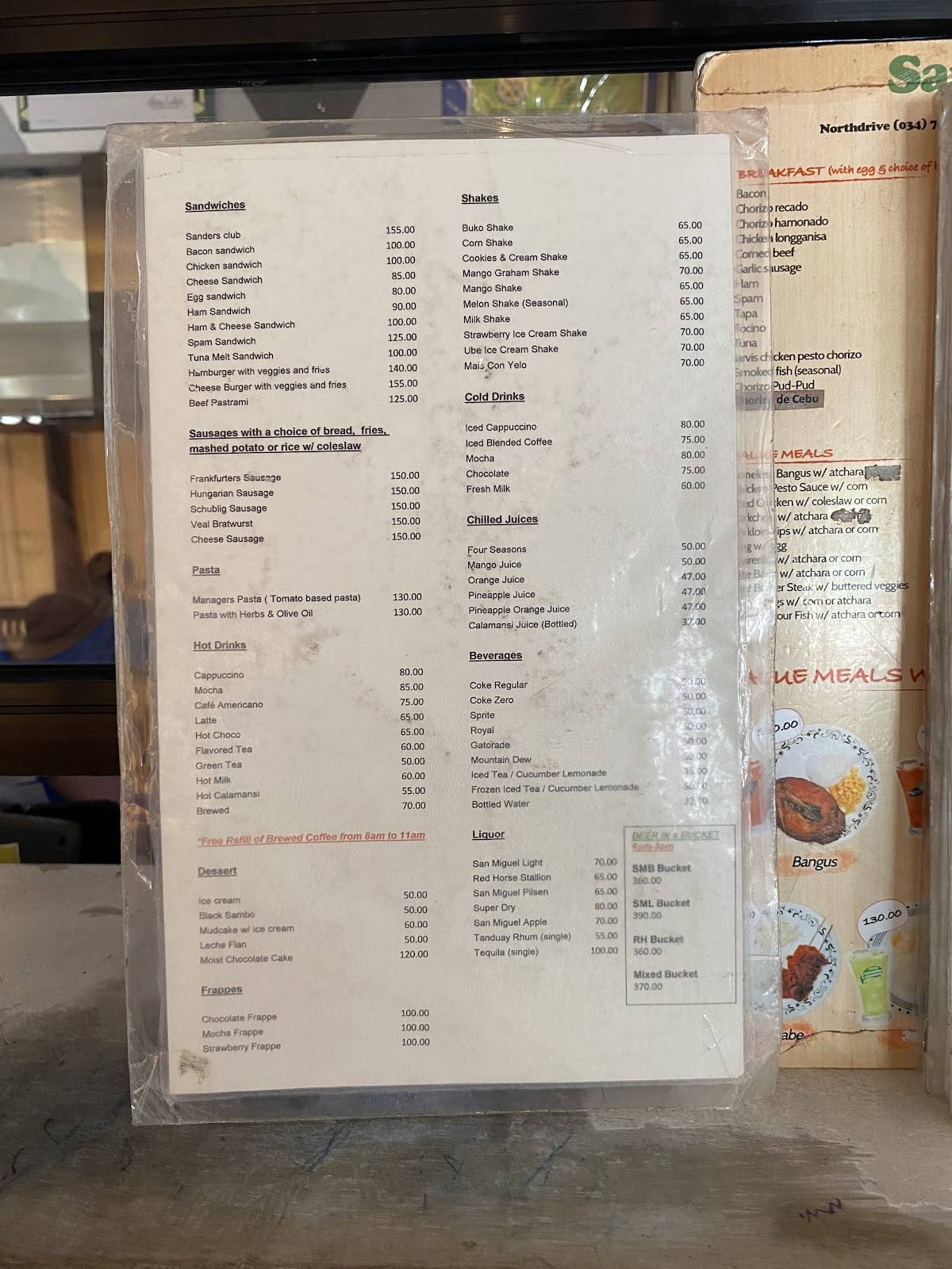 Menu at Sanders Coffee and Sausages Lacson cafe, Bacolod, 6 Lacson St