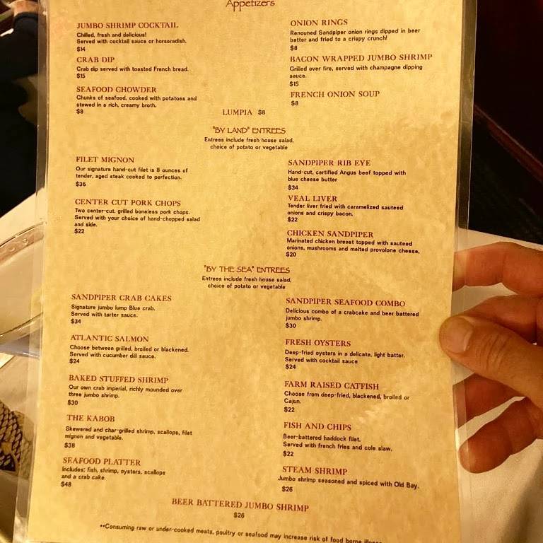 Menu at Sandpiper Restaurant, White Stone
