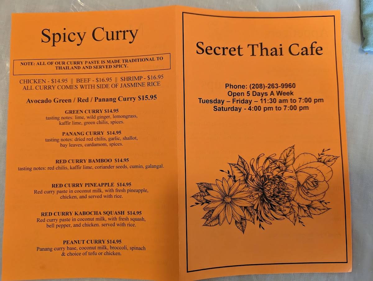 Menu at Secret Thai Cafe, Sandpoint
