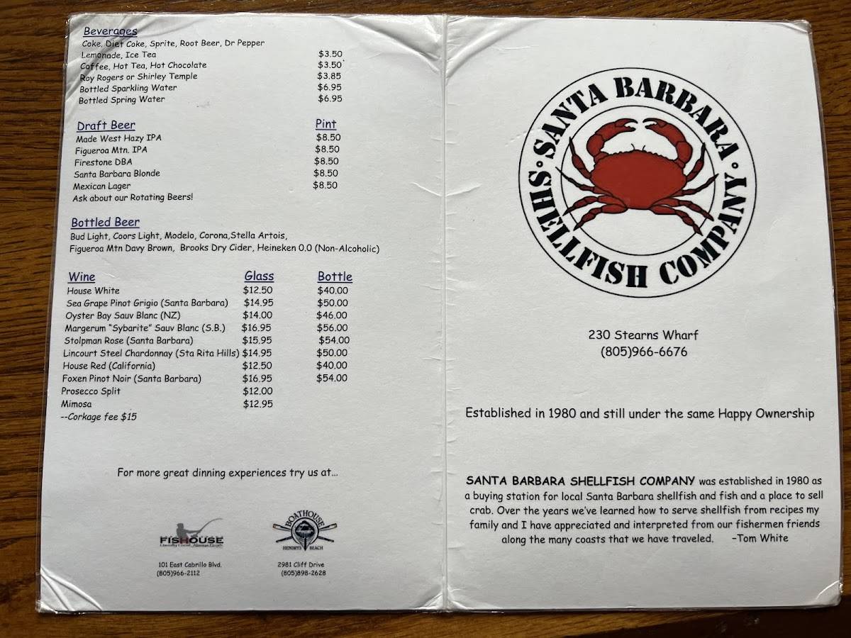 Menu at Santa Barbara Shellfish Company, Santa Barbara