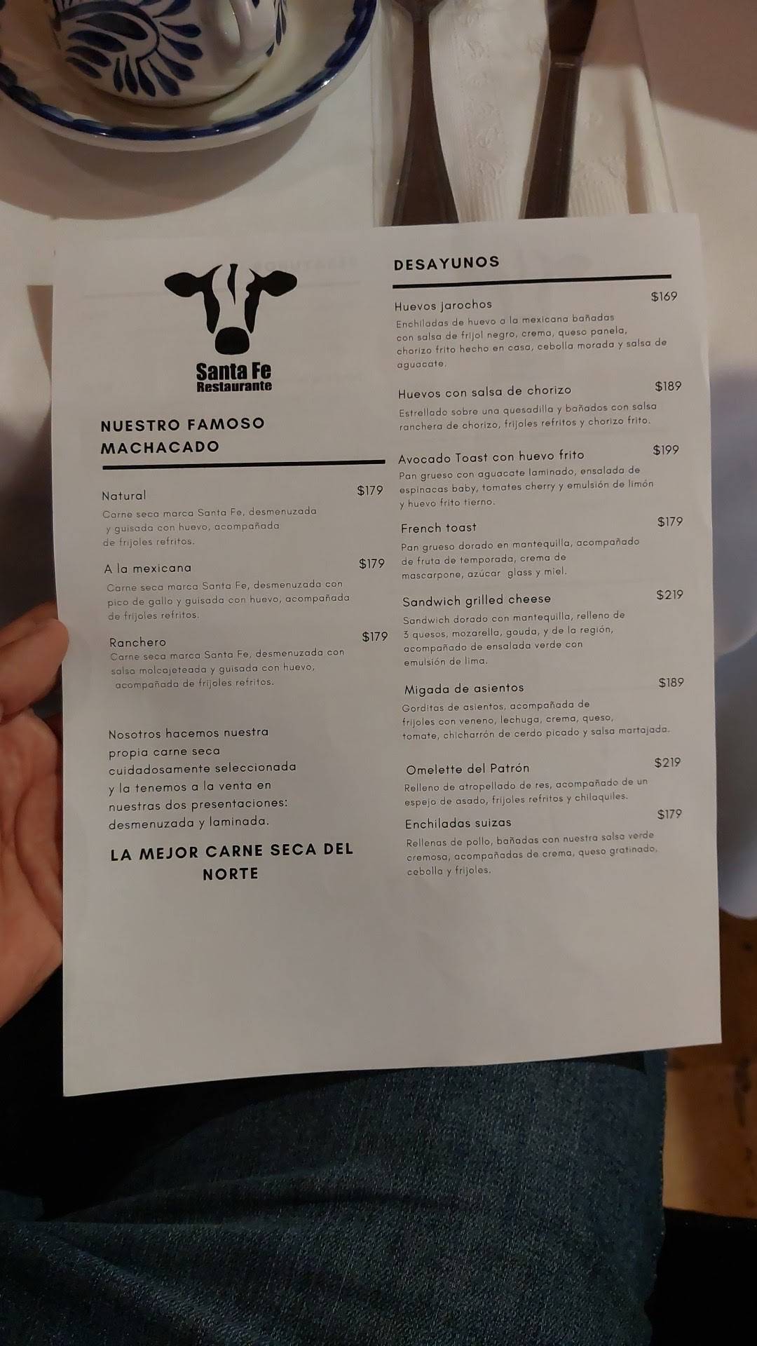 Carta de Santa Fe Restaurante, Apodaca