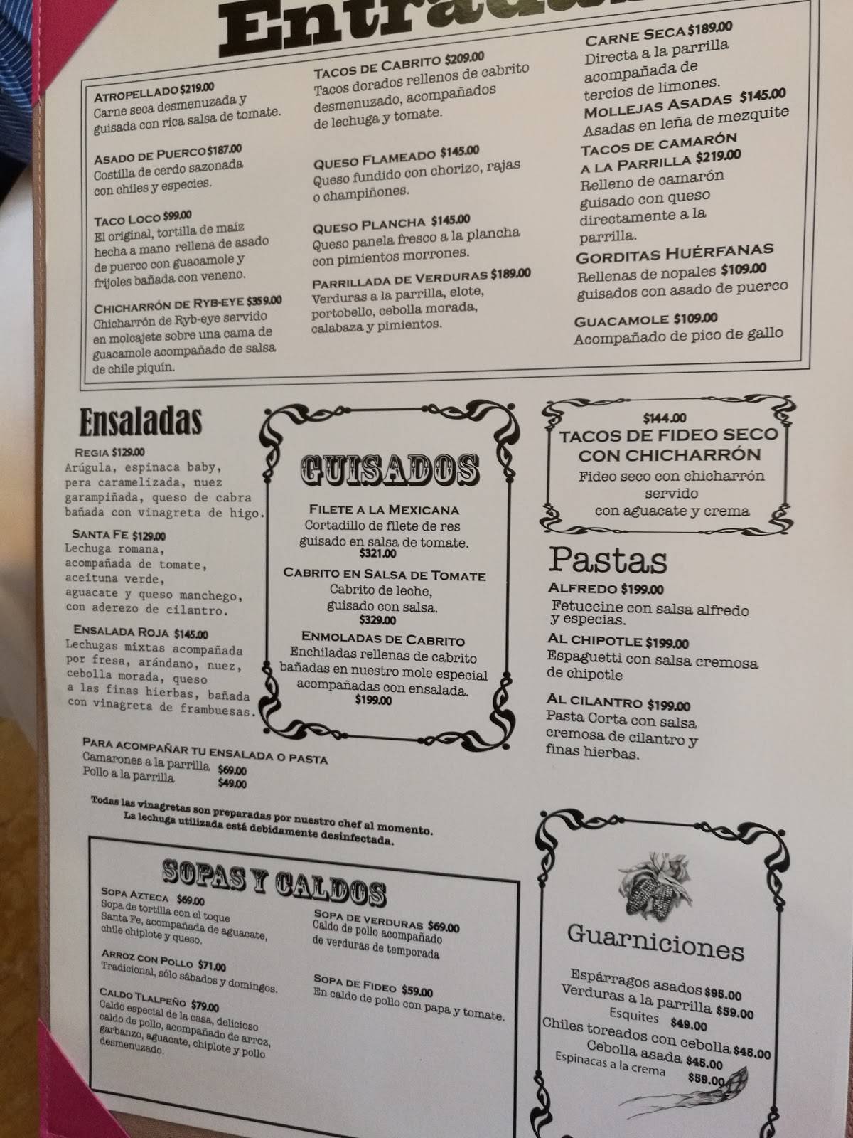 Carta de Santa Fe Restaurante, Apodaca