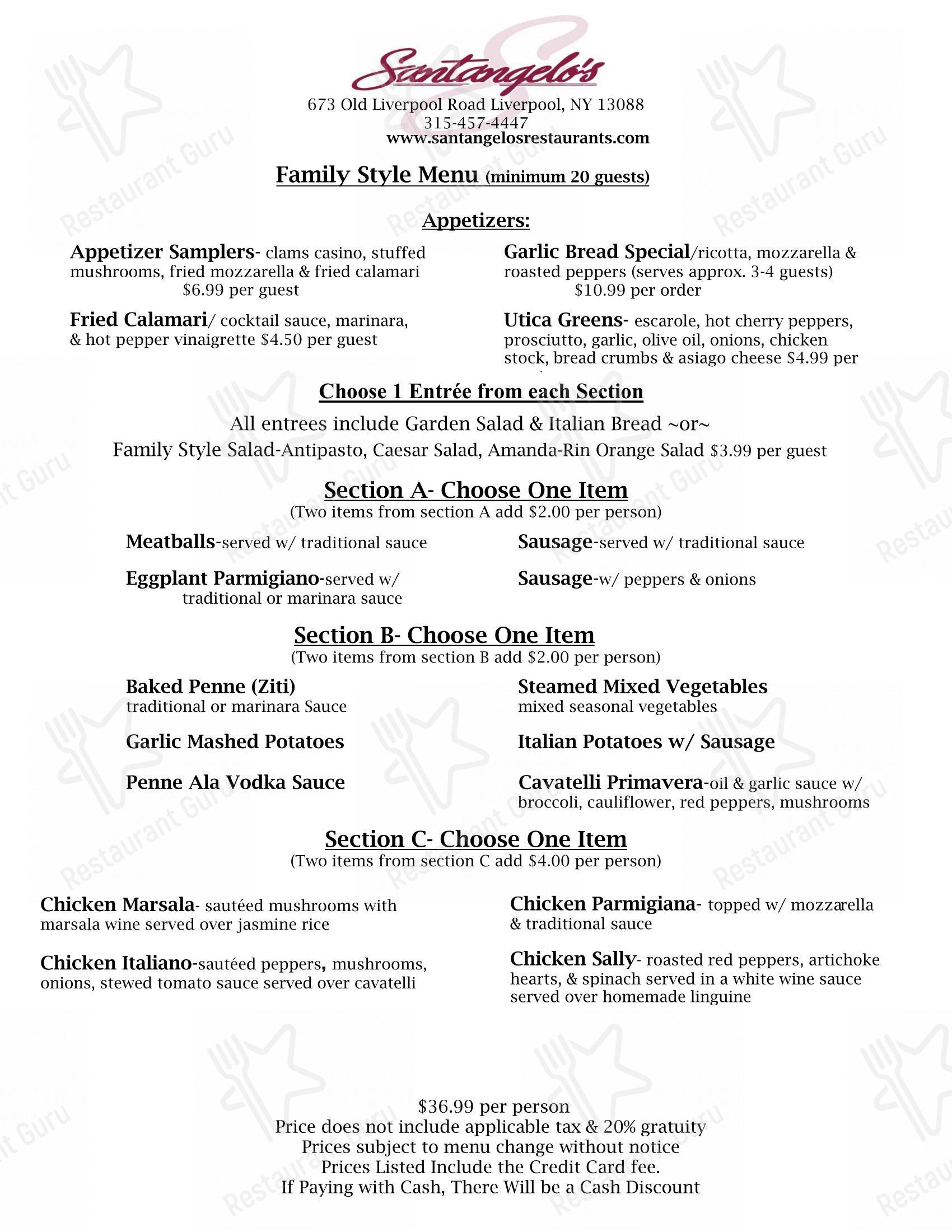 Menu at Santangelo's Restaurant, Liverpool