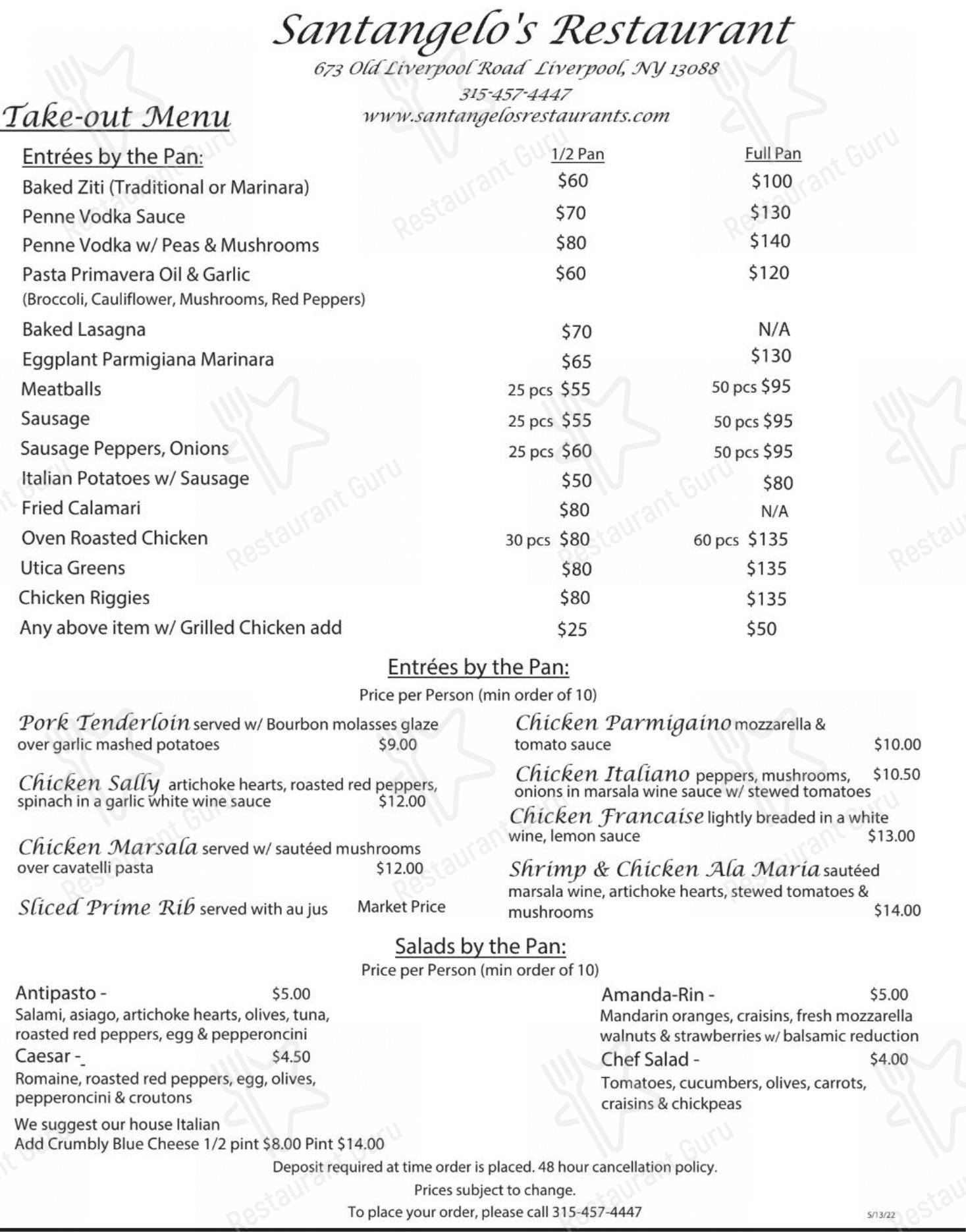 Menu at Santangelo's Restaurant, Liverpool