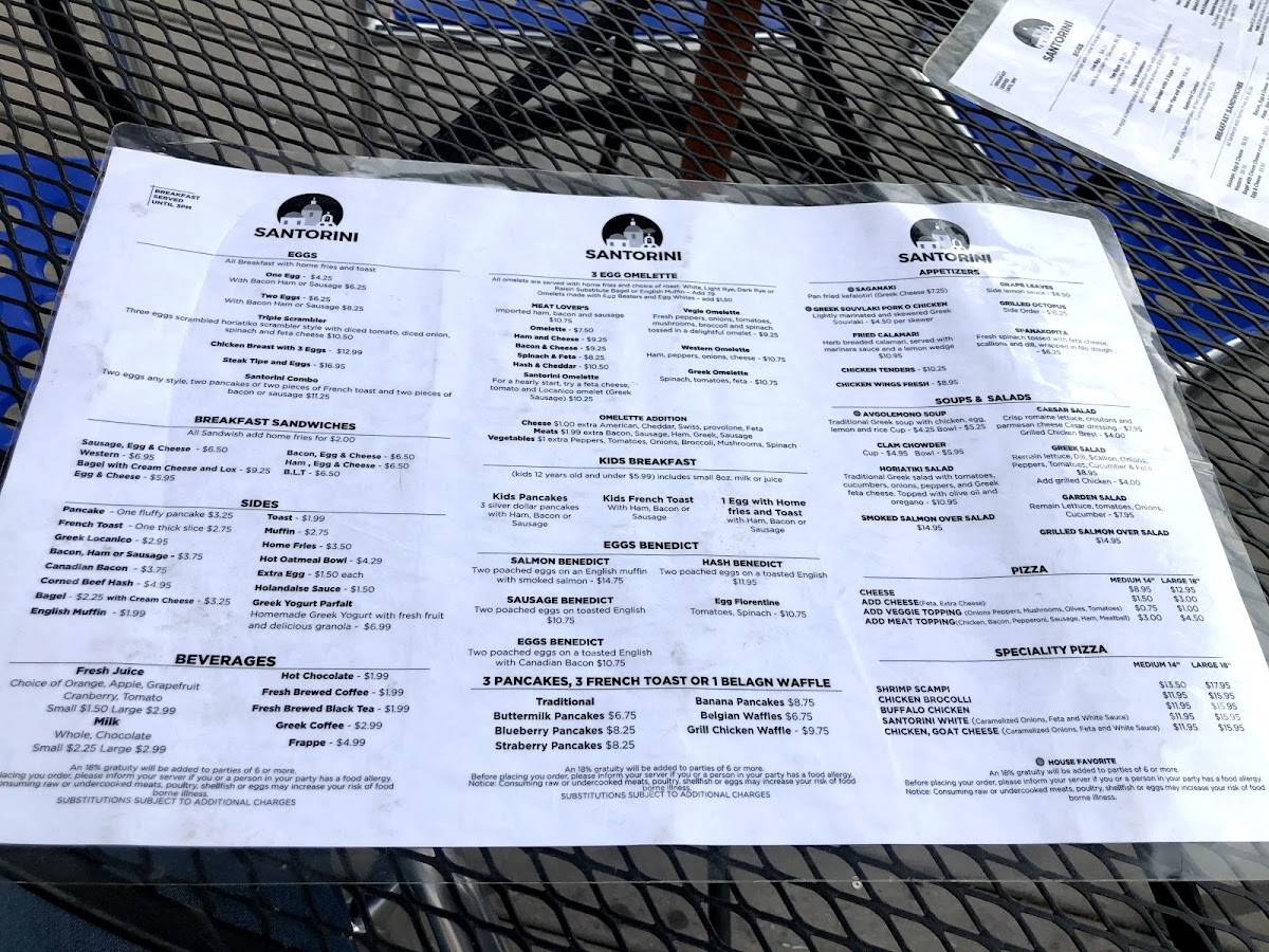 Menu at Santorini restaurant, Revere