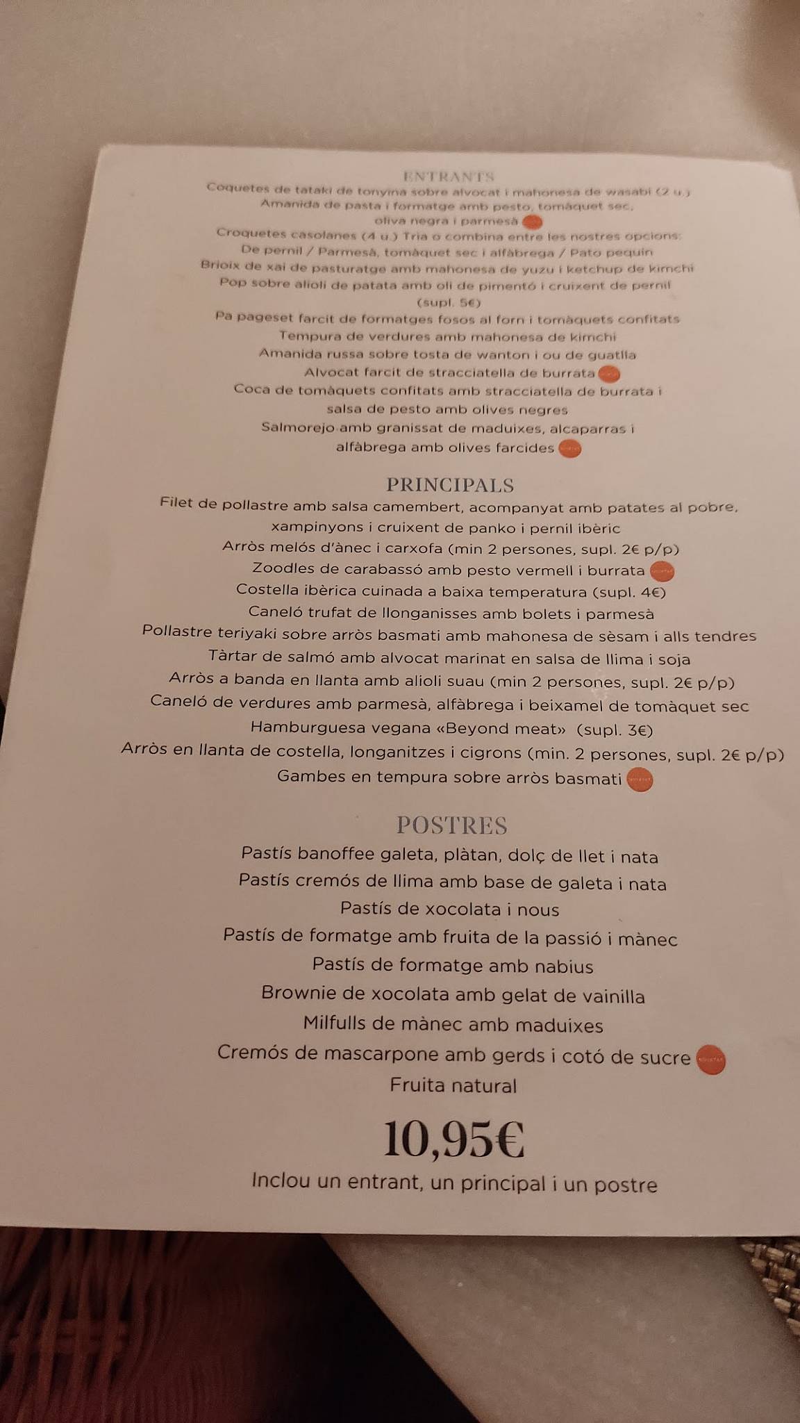 Carta del restaurante Saona Aribau, Barcelona