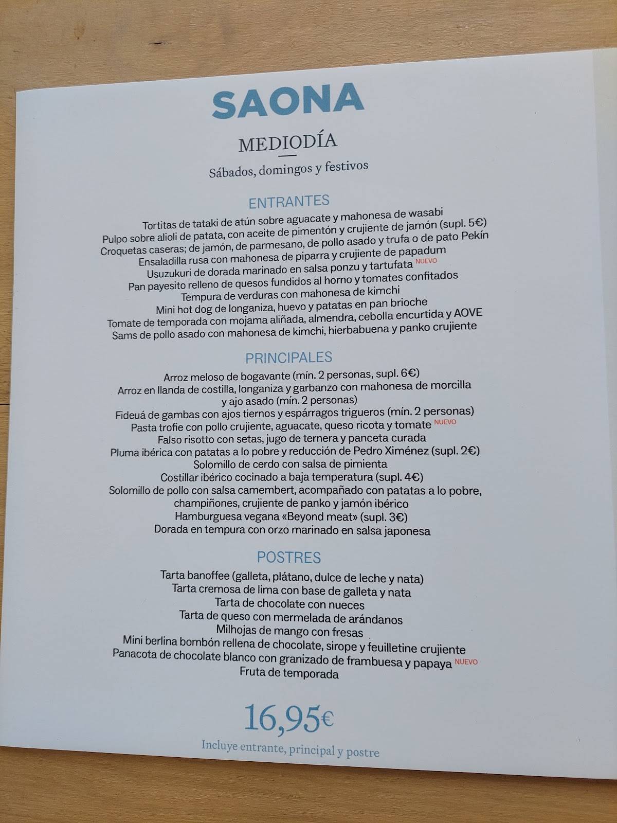 Carta del restaurante Saona Aribau, Barcelona