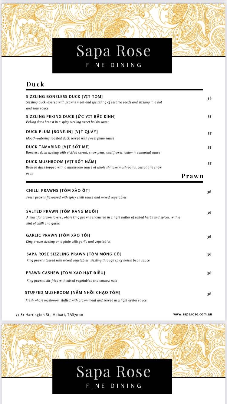 Menu at Sapa Rose restaurant, Hobart
