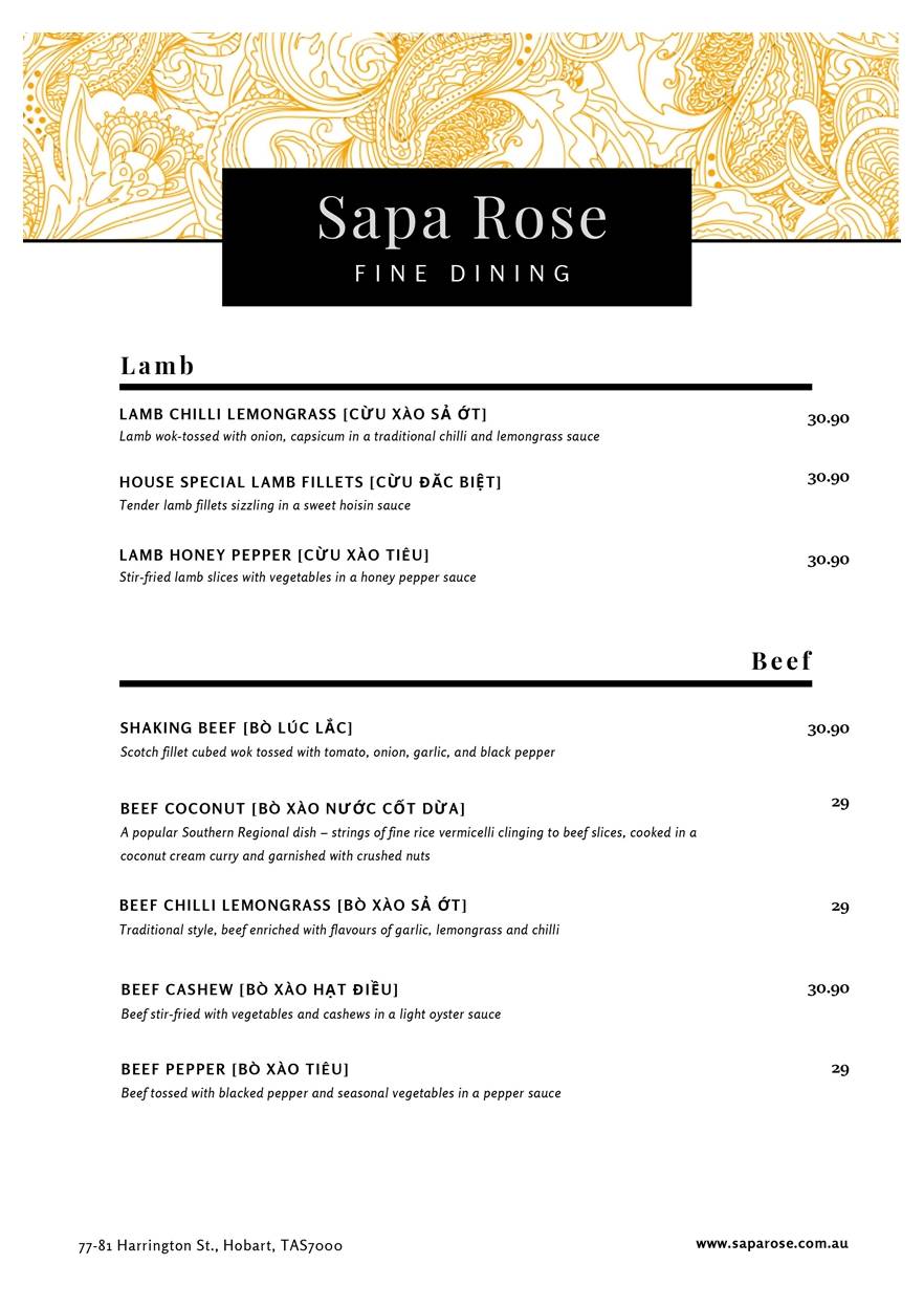 Menu at Sapa Rose restaurant, Hobart