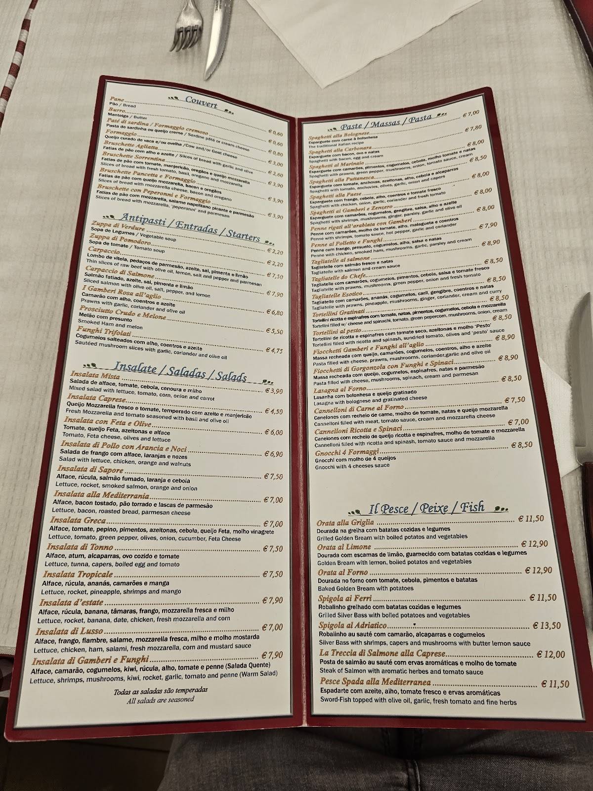 Menu at Sapore pizzeria, Lisbon