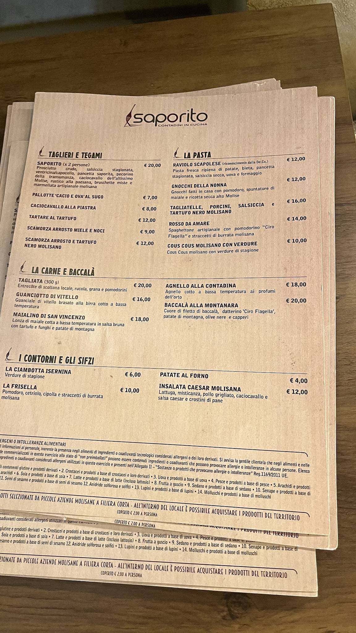 Menu da Saporito ristorante, Castel San Vincenzo